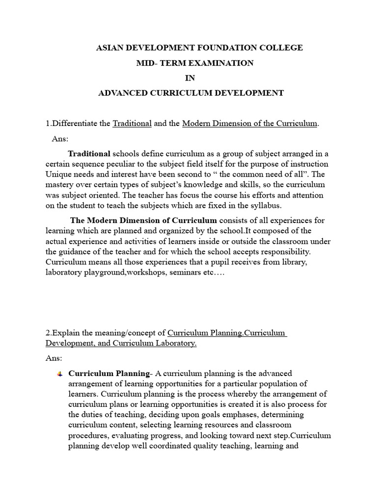 Advanced Curriculum Development - Mid Term Exam | PDF | Curriculum ...