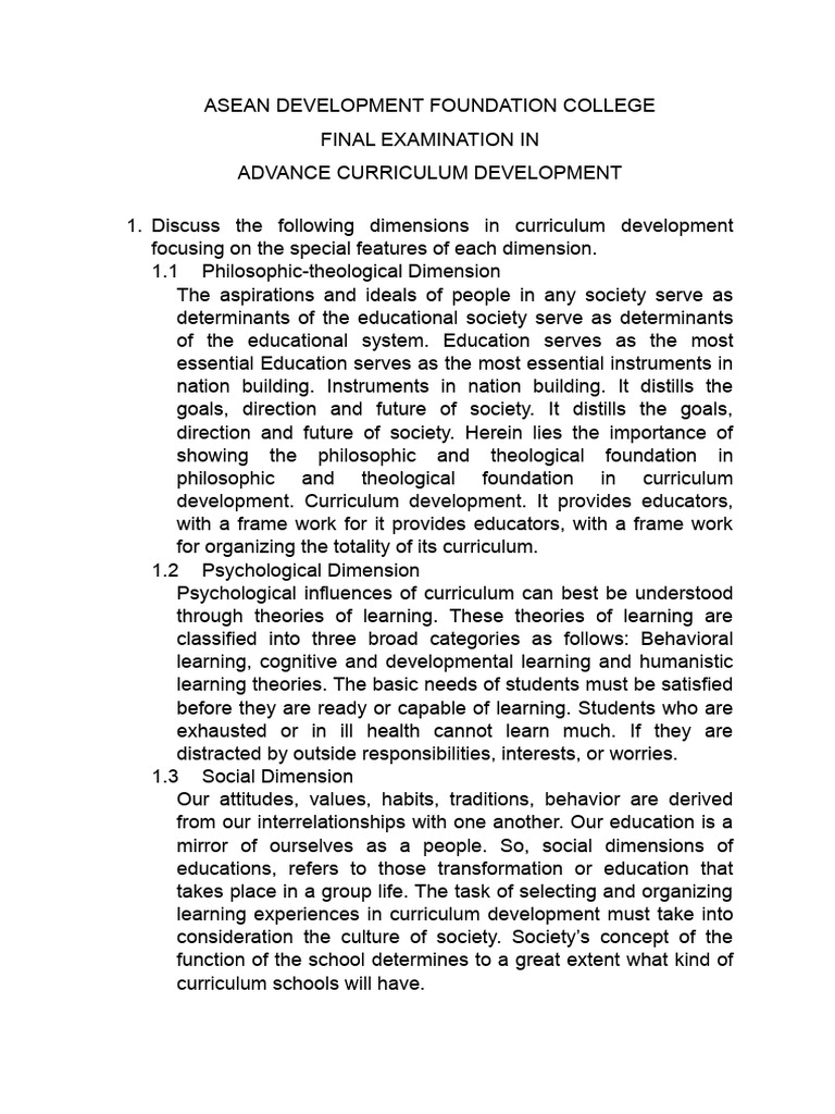 Final Exam. in Advanced Curriculum Development | PDF | Curriculum | Methodology