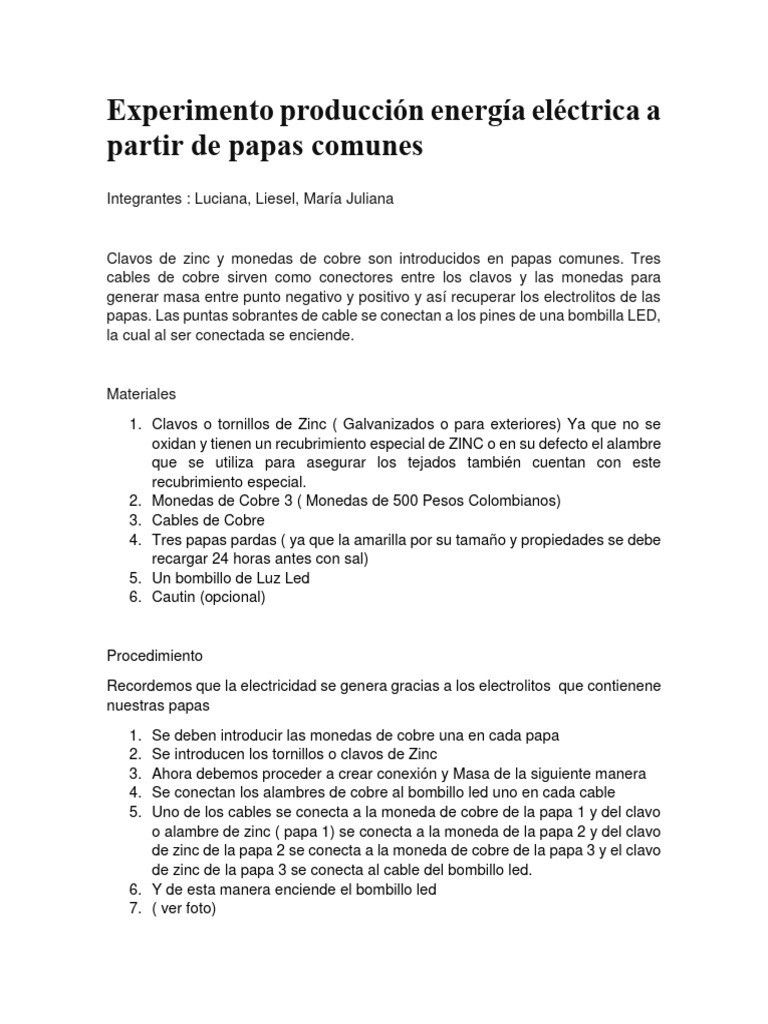 Experimento Producción Energía Eléctrica A Partir de Papas Comunes ...
