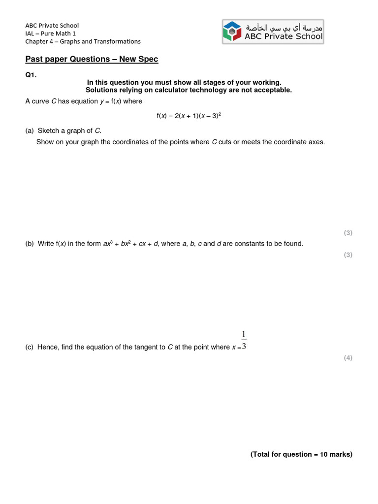 IAL - P1-Chapter 4 - Graphs and Transformations-Past Paper Questions | PDF | Equations | Curve