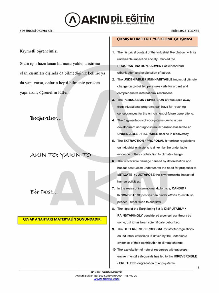 Yds Oncesi Okuma Kiti 2023 Ekim | PDF