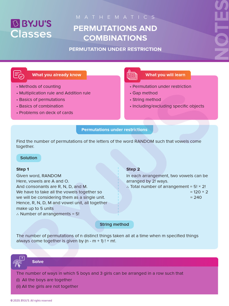 Permutations and Combinations: Permutation Under Restriction | PDF