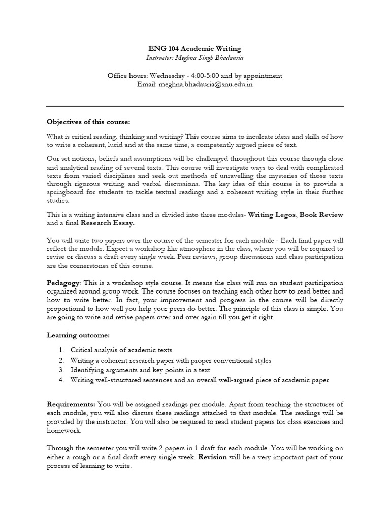 ENG 104 Outline - Monsoon 2023 | PDF