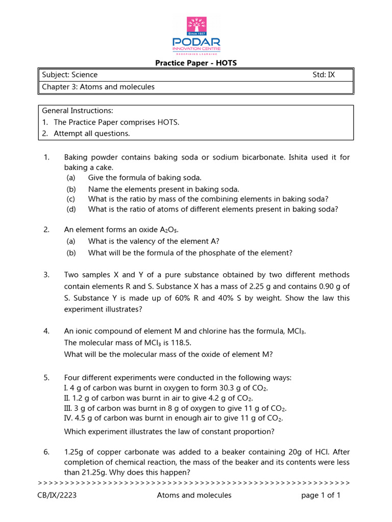 CB - IX - Sci - CH 3 Atoms and Molecules - HOTS | PDF