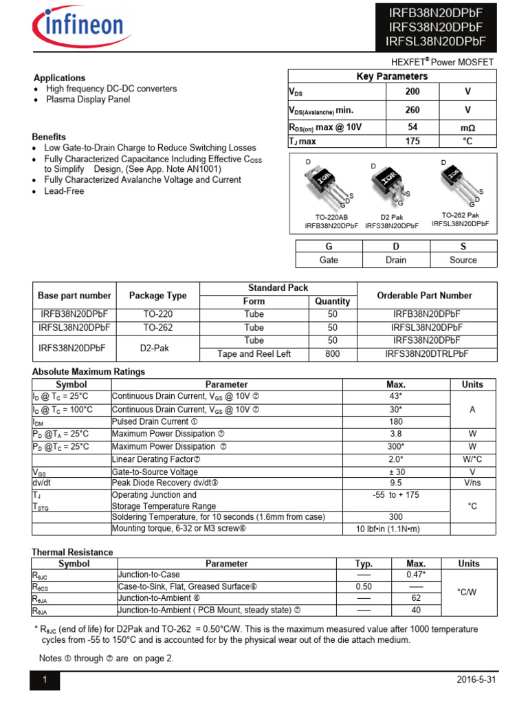 Infineon Irfs38n20d Ds v01 02 en | PDF | Field Effect Transistor | Diode