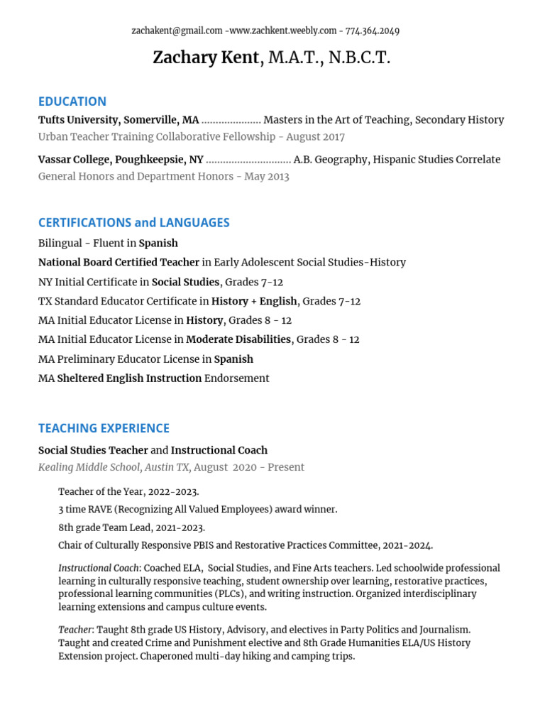 Zachary Kent Resume - 2 Pages | Download Free PDF | Teachers | Learning