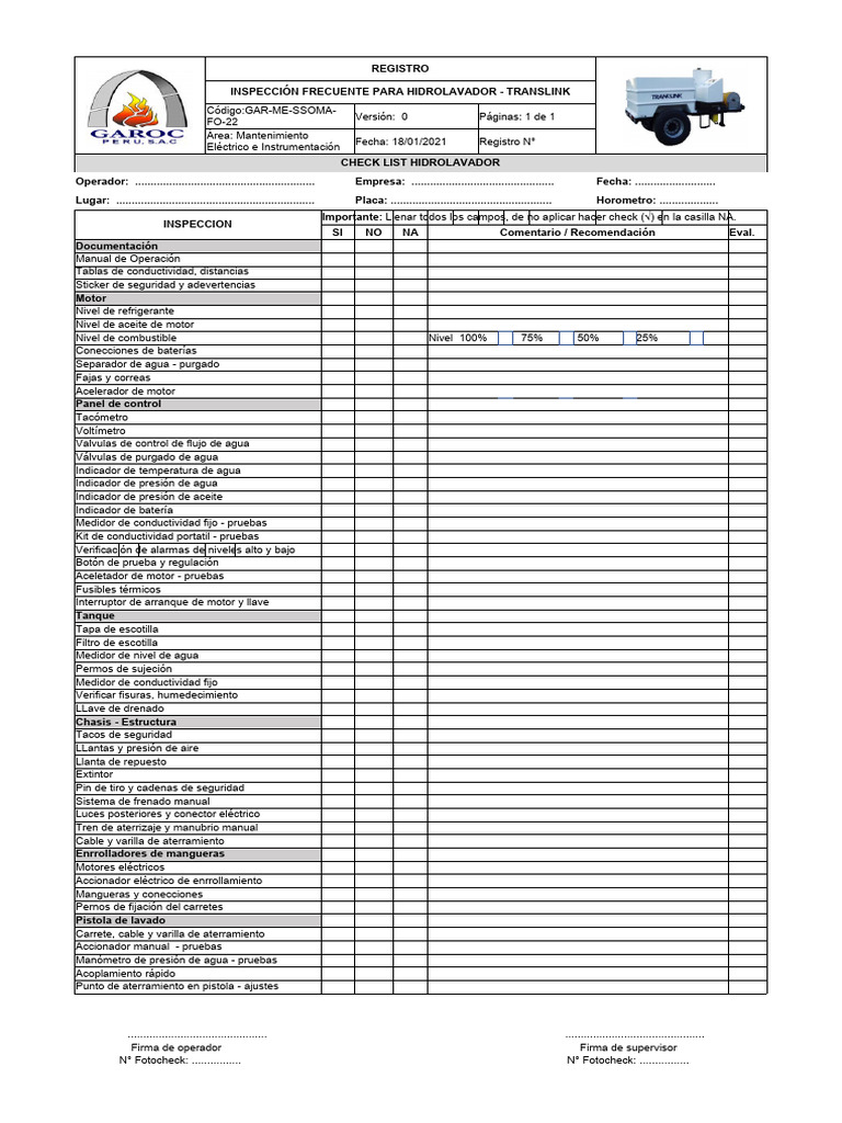 Check List Lavador Translink | PDF | Bienes manufacturados | Vehículos