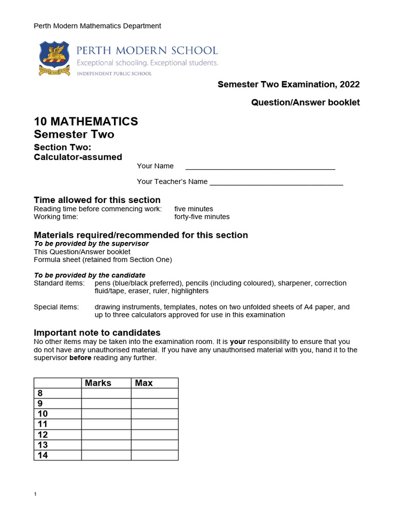 2022 Year 10 Mathematics Semester 2 Exam CALC-ASSUMED (SOLUTIONS) | PDF ...