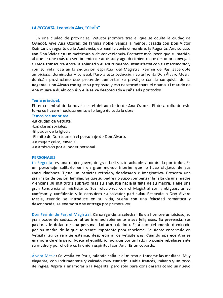 LA REGENTA. - Argumento y Análisis | PDF | Poesía | Clásicos