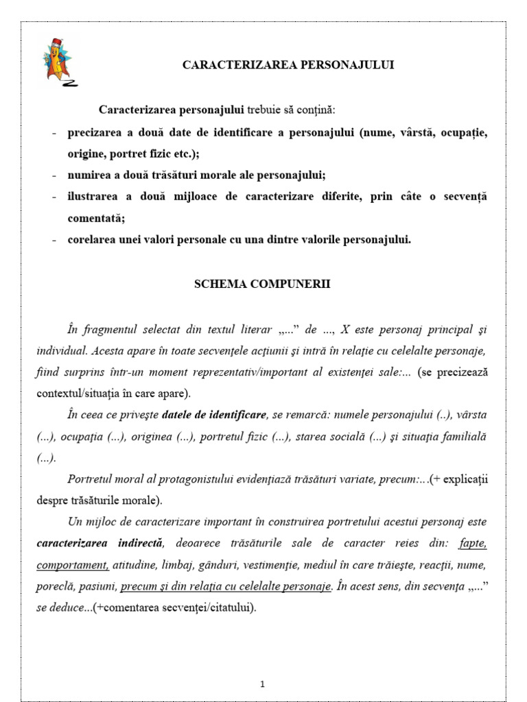 CARACTERIZAREA PERSONAJULUI Schema de Completat COMPUNERE - 2023 | PDF