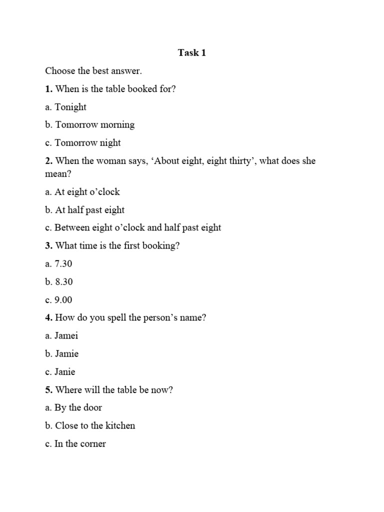 Restaurant Booking Quiz Questions | PDF