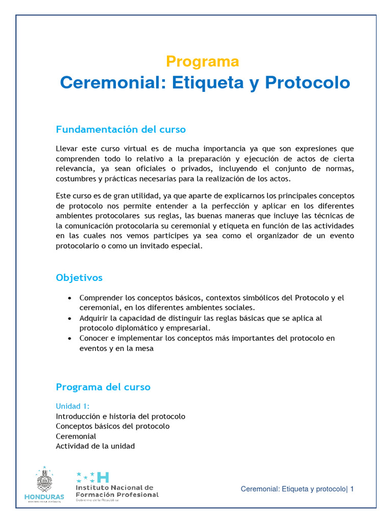 Programa Del Curso - Etiqueta y Protocolo | PDF