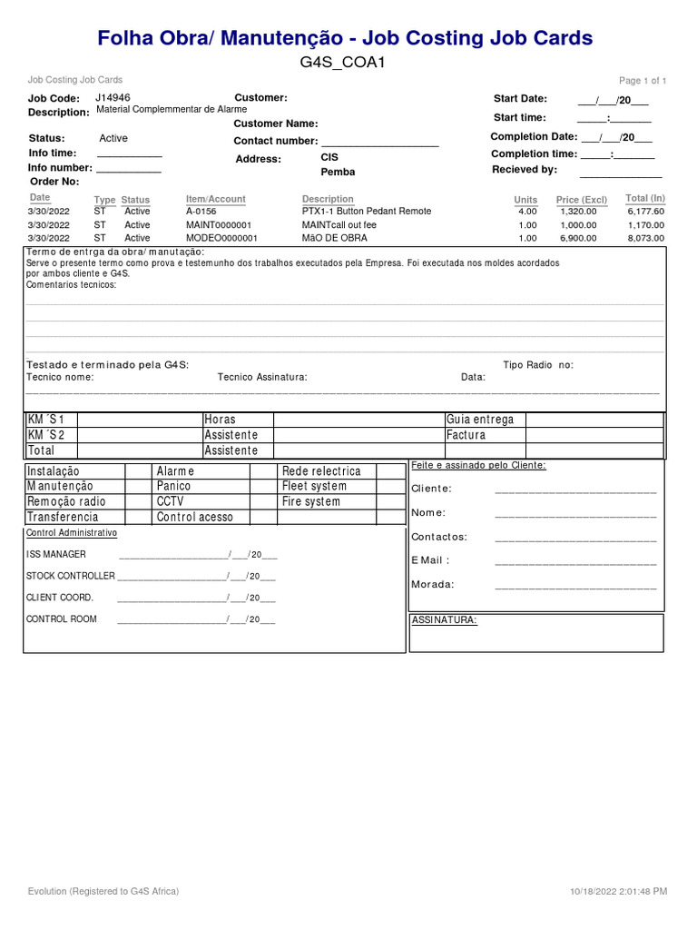 Folha Obra/ Manutenção - Job Costing Job Cards: G4S - COA1 | PDF ...