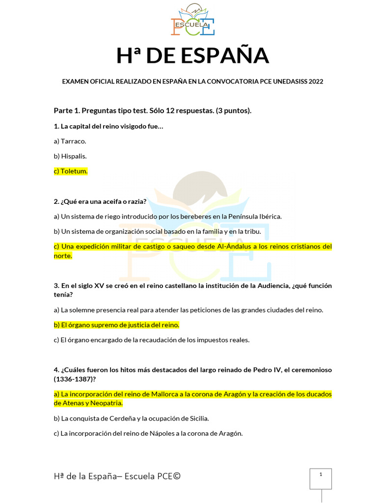 Examen PCE Historia de Espana Resuelto Escuela PCE | PDF | España ...
