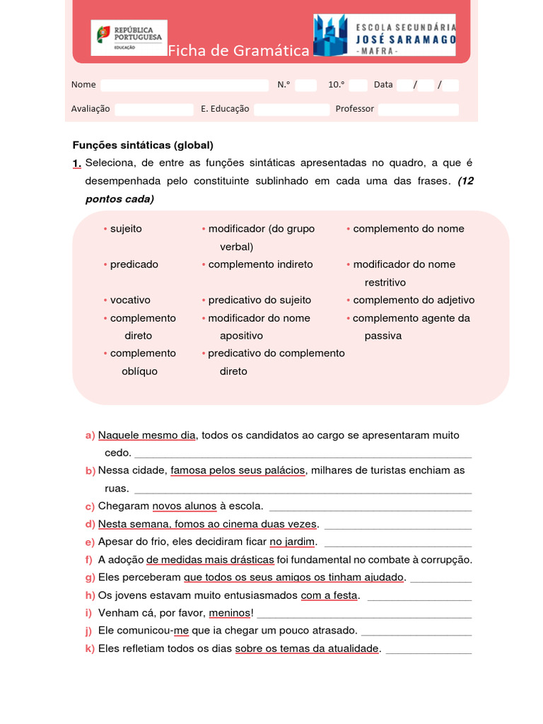 Ficha Global, Gram. | PDF | Assunto (gramática) | Linguística