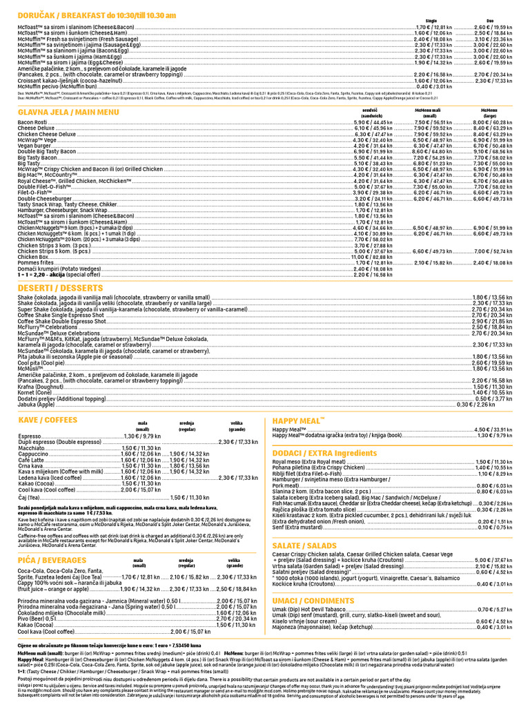 McDonald's Rijeka Cjenik | PDF | Hamburgers | Convenience Food