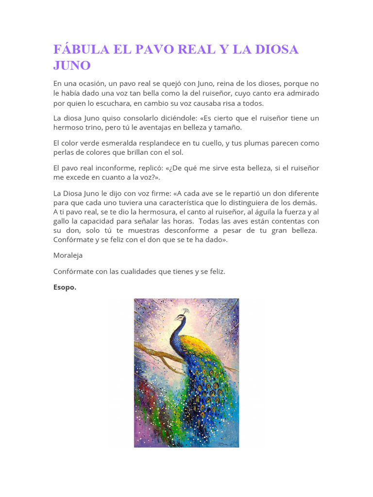 Fábula El Pavo Real y La Diosa Juno | PDF