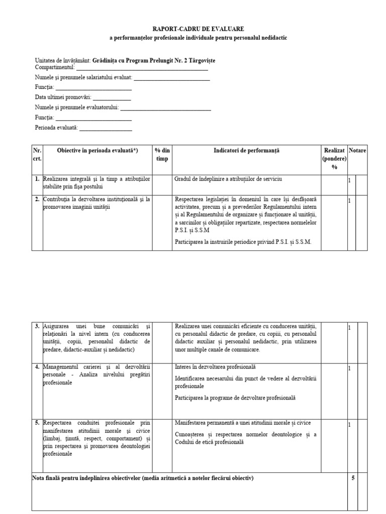 Raport-Cadru de Evaluare Personal Nedidactic | PDF
