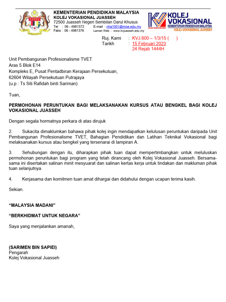 Contoh Surat Rasmi Bersama Letterhead Rasmi KVJ | PDF