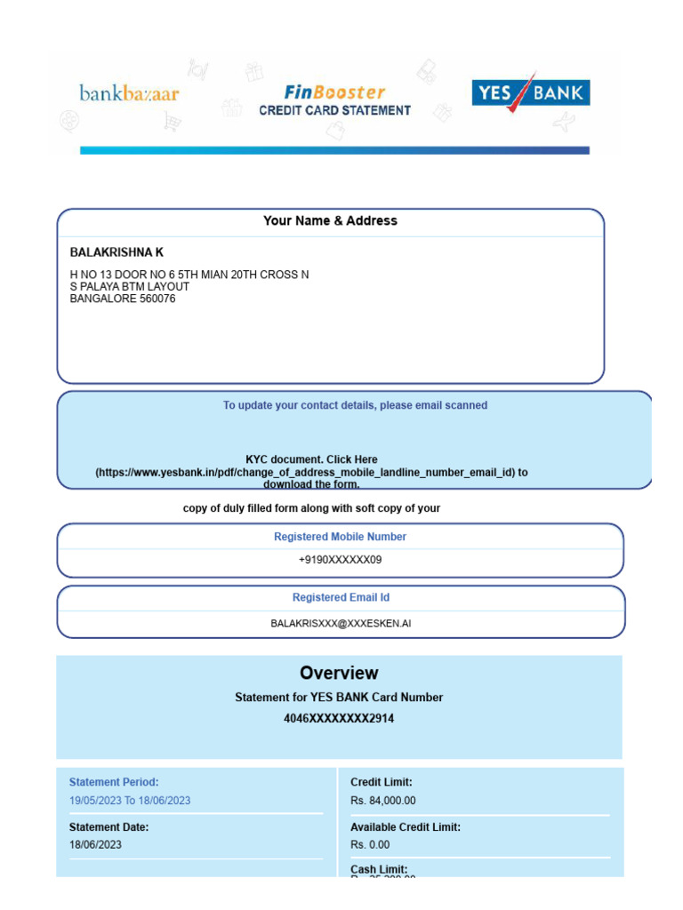 YES BANK Credit Card Statement Summary | PDF | Credit Card | Cash
