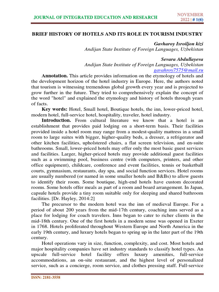 26 Brief History of Hotels and Its Role in Tourism Industry | PDF ...