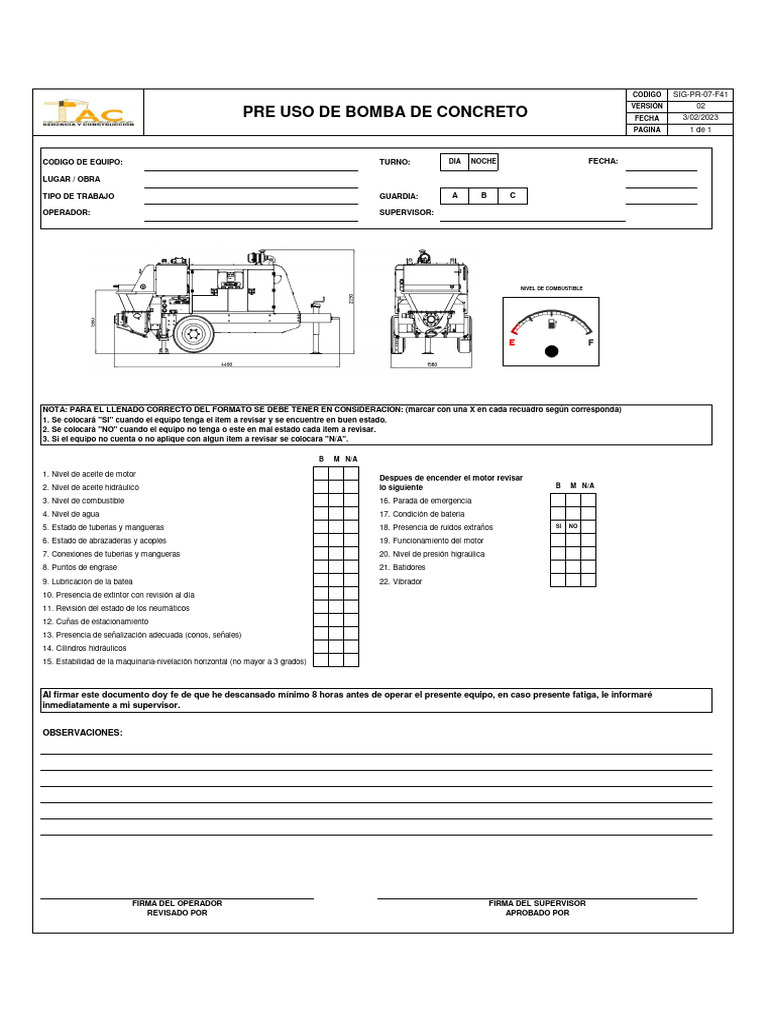 Sig-Pr-007-F38 Check List de Bomba de Concreto | PDF
