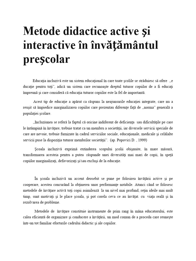 Metode Didactice Active Şi Interactive În Învăţământul Preşcolar | PDF