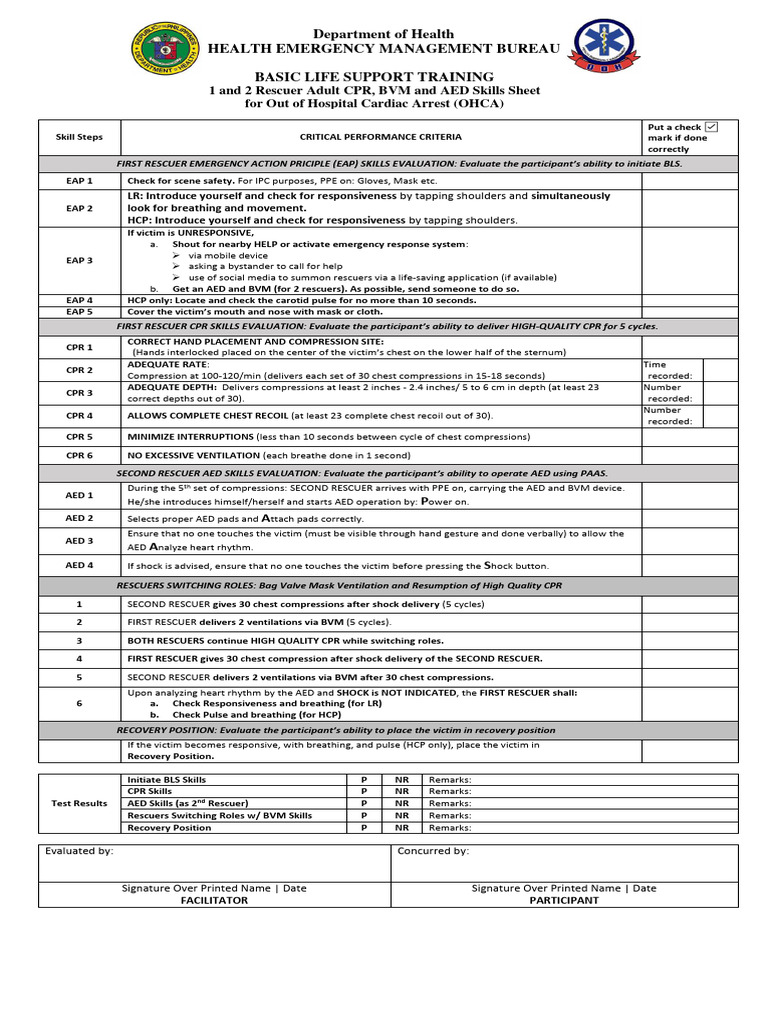1 and 2 RESCUER ADULT CPR BVM and AED Skills Evaluation - 2022 | PDF | Cardiopulmonary ...