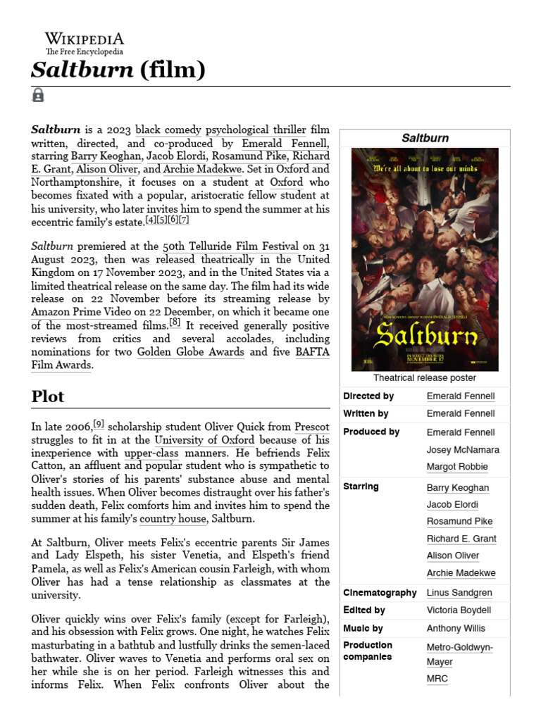 "Saltburn: 2023 Black Comedy Thriller" | PDF | Mystery, Thriller & Crime Fiction