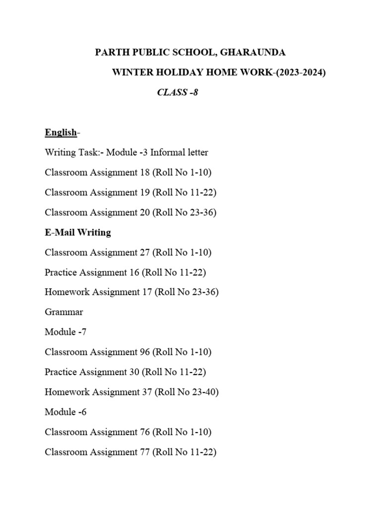 Class-8 Holiday Homework | PDF