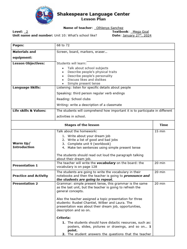 Lesson Plan: School Subjects & Descriptions | PDF | Language Arts ...