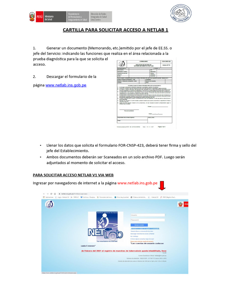 Cartilla para Solicitar Acceso Netlab V1 y V2 LRSP - Diris LC1 | PDF | Informática | Tecnologías ...