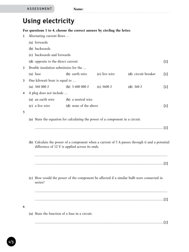 Electricity Assessment Questions | PDF | Fuse (Electrical) | Electricity