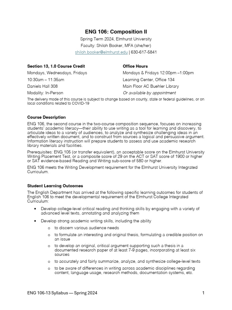 ENG 106-13 Course Syllabus SP24 | PDF | Discrimination | Academic Integrity