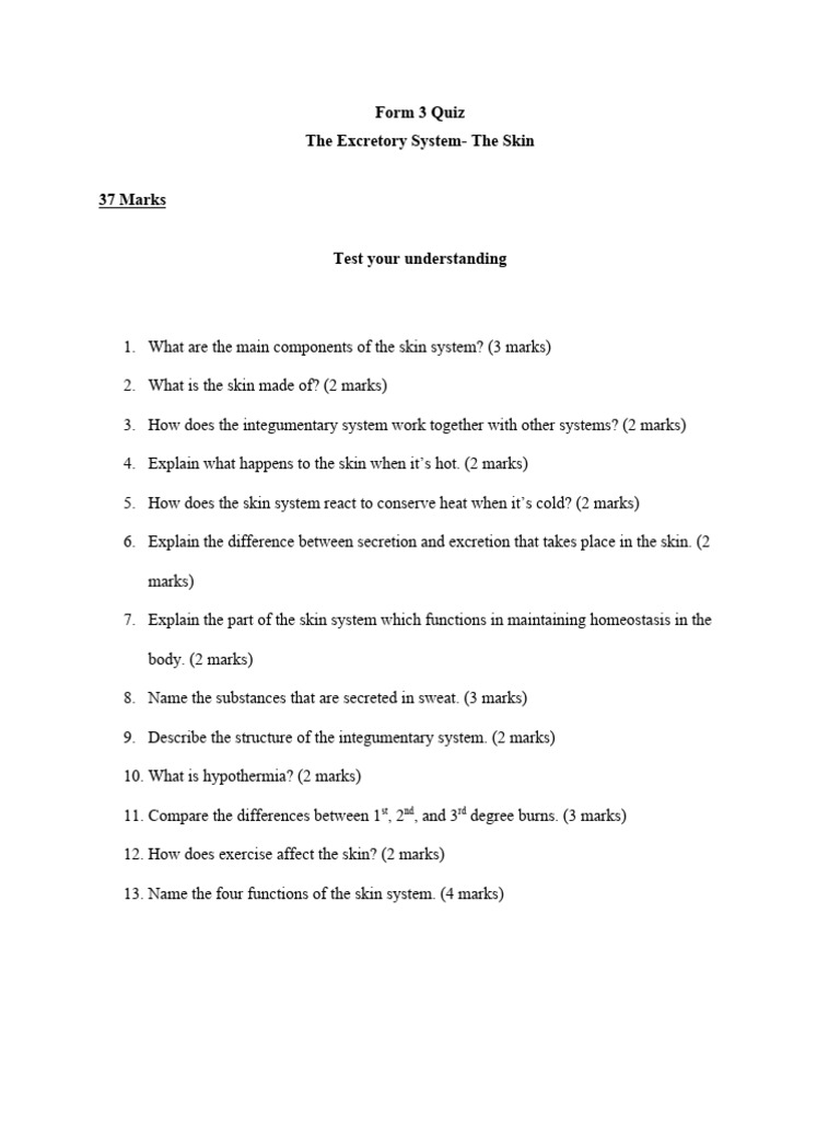 Integumentary System and Excretion Quiz | PDF | Teaching Methods ...