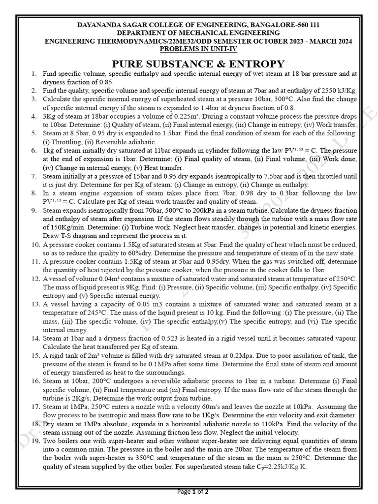 22me32 Etd Unit-Iv Problem Sheet | PDF | Enthalpy | Steam