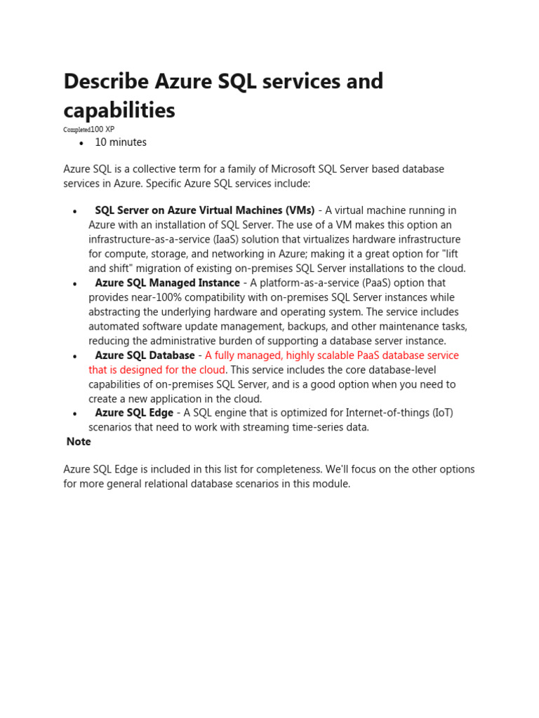 Describe Azure SQL Services and Capabilities | Download Free PDF | Databases | Cloud Computing