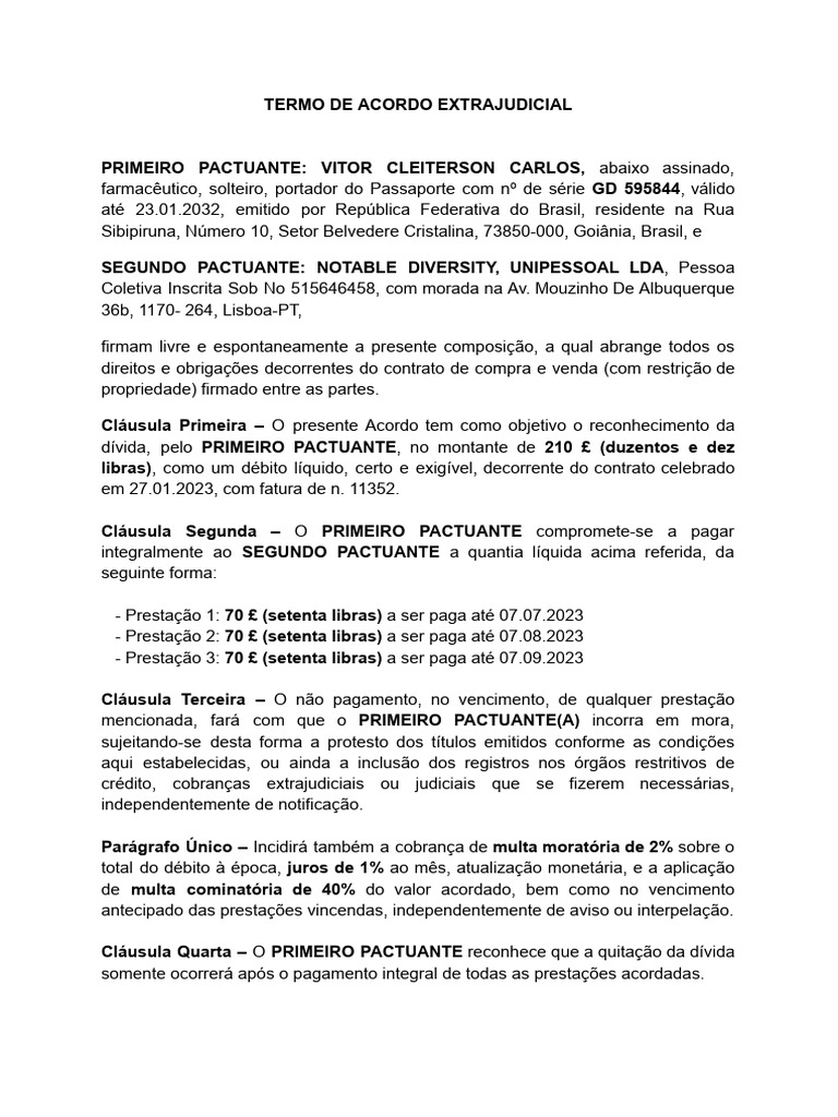Termo de Acordo Extrajudicial - Vitor Cleiterson Carlos | PDF Termo de Acordo Extrajudicial - Vitor Cleiterson Carlos | PDF