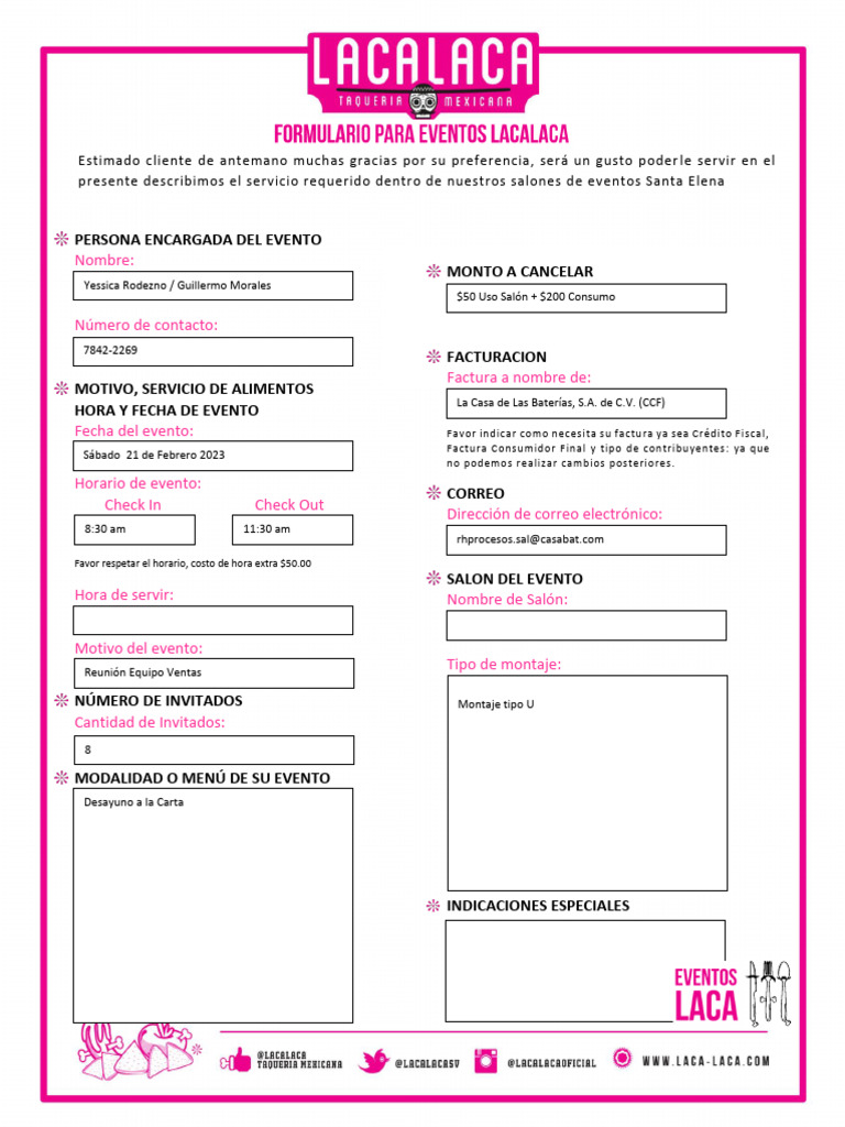 Formulario Eventos Laca Laca Santa Elena | PDF