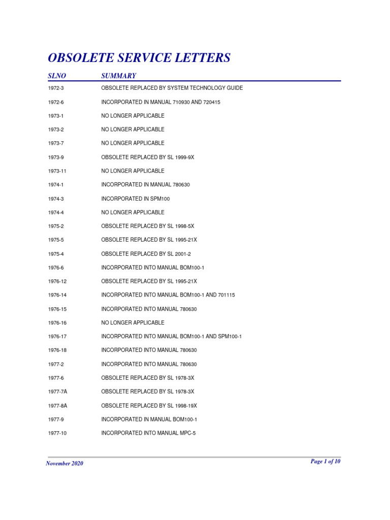 Obsolete Service Letter Summary | PDF | Aviation | Manufactured Goods