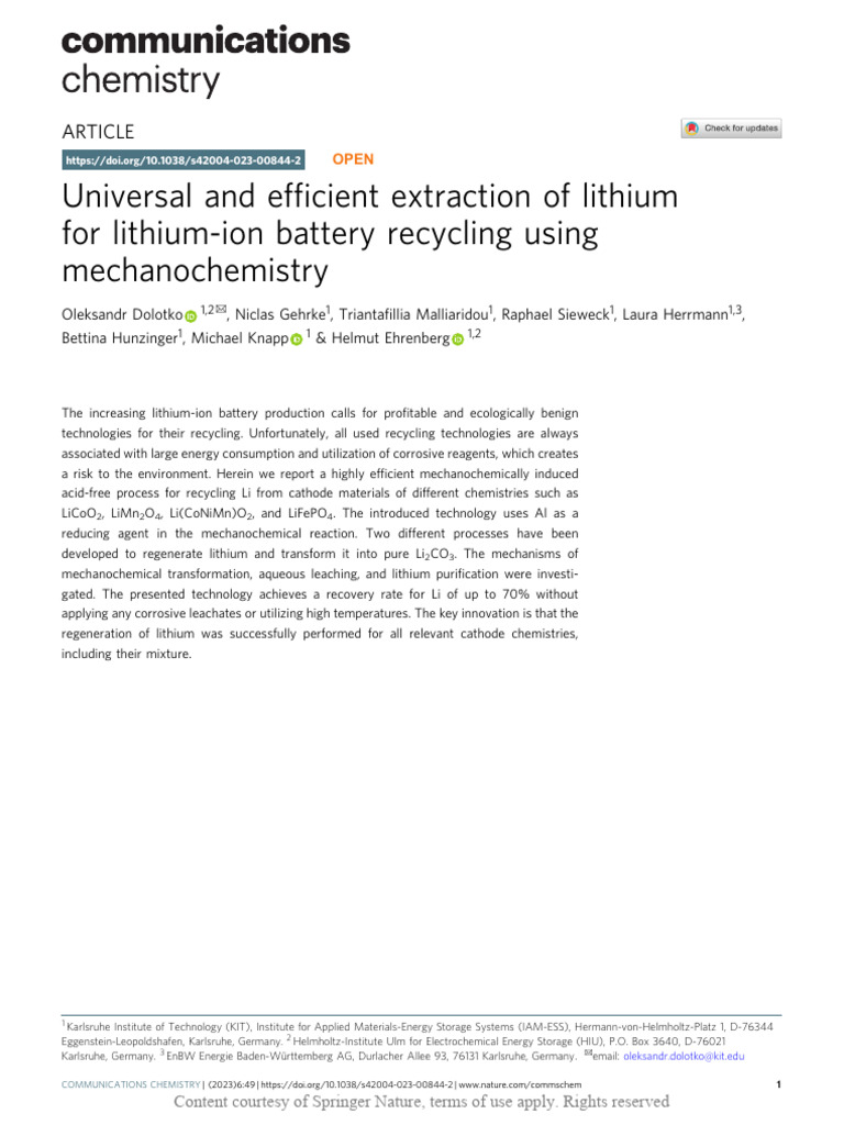 Universal and Efficient Extraction of Lithium | PDF | Lithium Ion ...