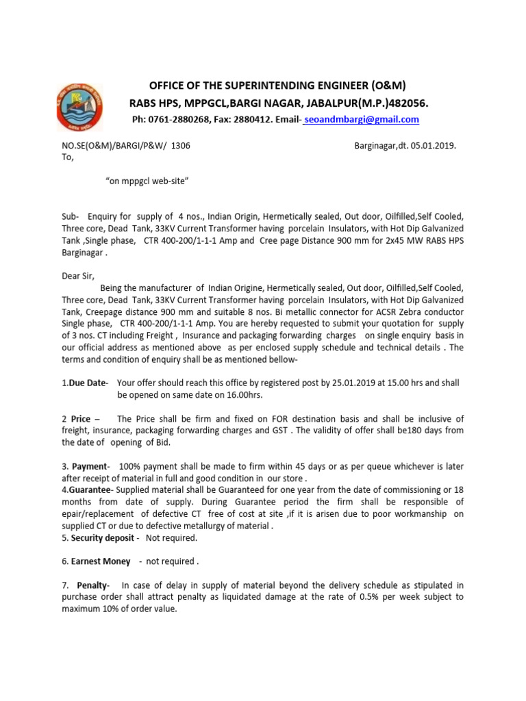 Office of The Superintending Engineer (O&M) Rabs HPS, MPPGCL, Bargi ...