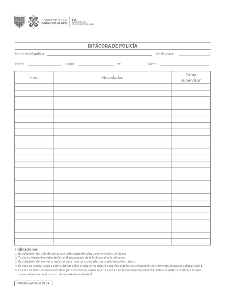 FO SSC 02 SOP 22 V1.24 Bitácora de Policía | PDF