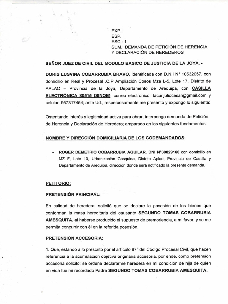 Demanda de Peticion de Herencia y Declaracion de Herederos | PDF