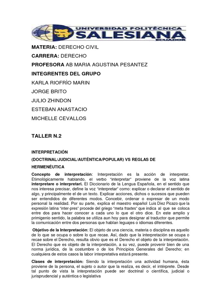 Derecho Civil Taller 2 | PDF | Hermenéutica | Caso de ley