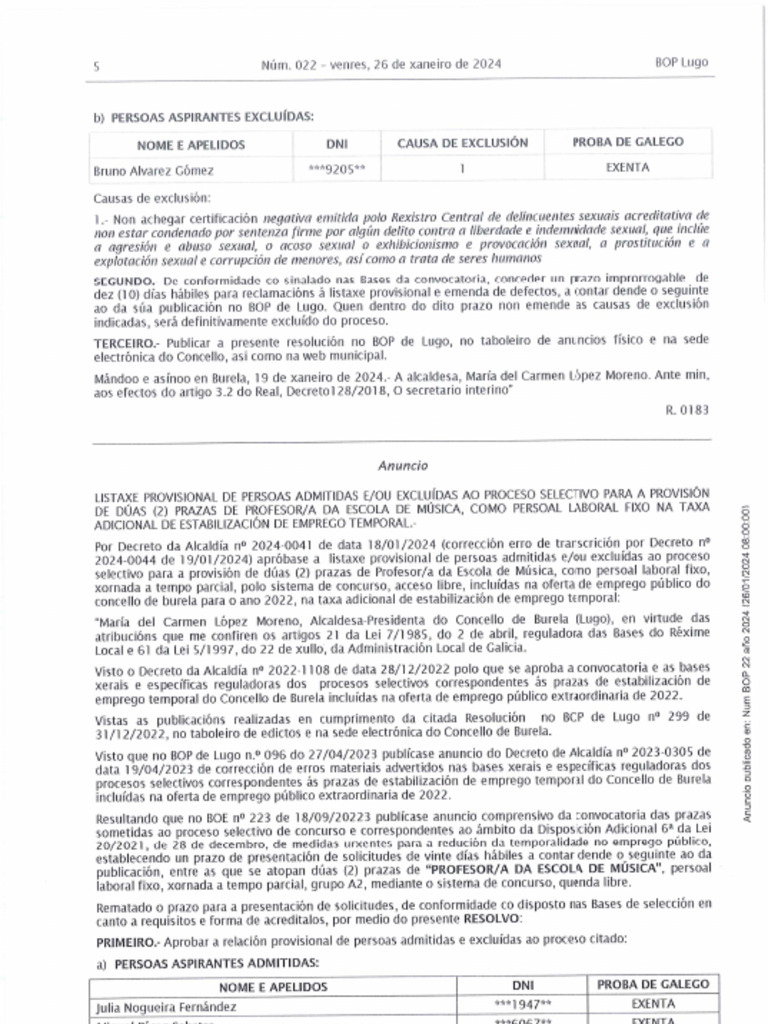 Bop #022 26-01-24 Listaxe Provisional Admitidos - As Excluidos - As Profesor - A Escola Musica | PDF