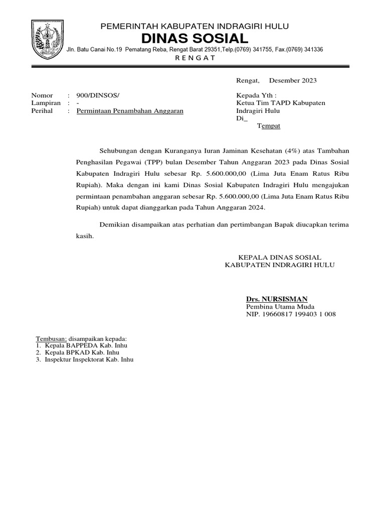 Surat Ke Tapd Tentang Penambahan Anggaran Gaji | PDF