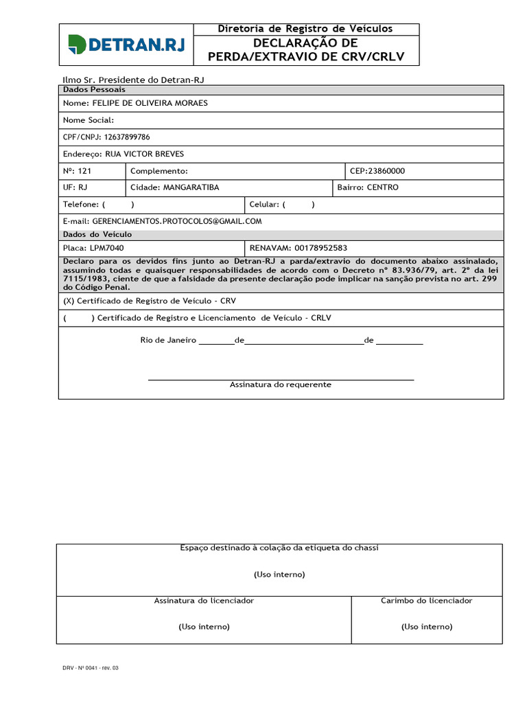 Perda Extravio CRV / CRLV | PDF