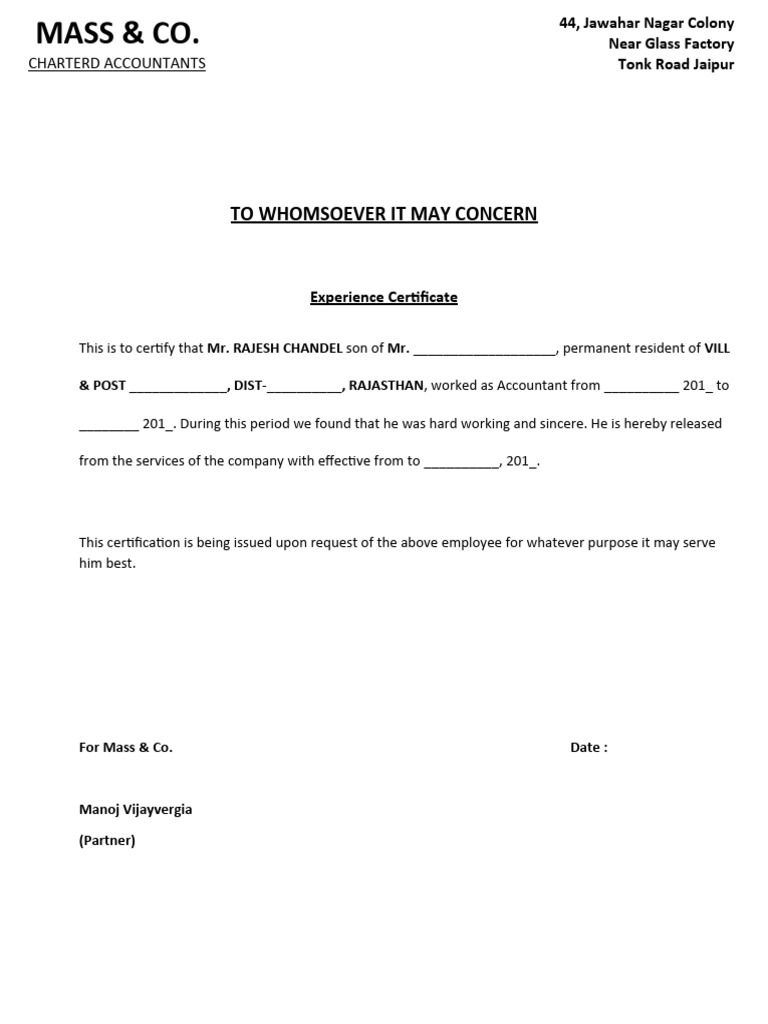 Accountant Experience and Relieving Letter | PDF | Accountant | Employment