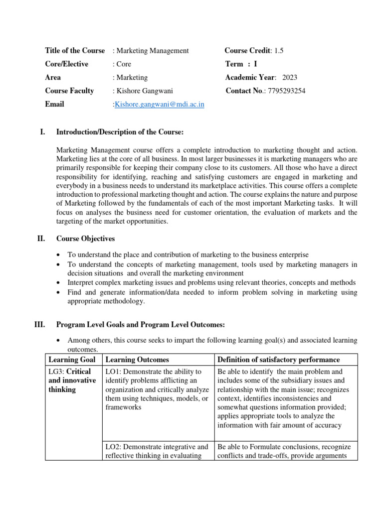 MM Course Outline BA-23 T-I | PDF | Marketing | Thought